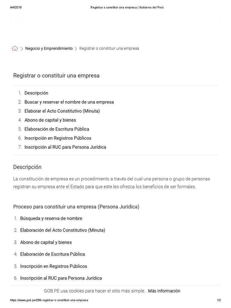Registrar o Constituir Una Empresa - Gobierno Del Perú | PDF ...