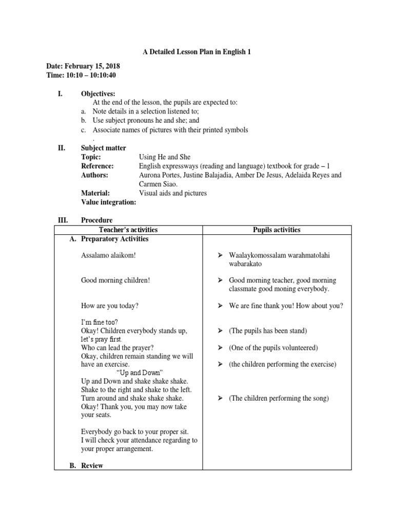 A Detailed Lesson Plan in English 1 | PDF | Lesson Plan | Behavior ...