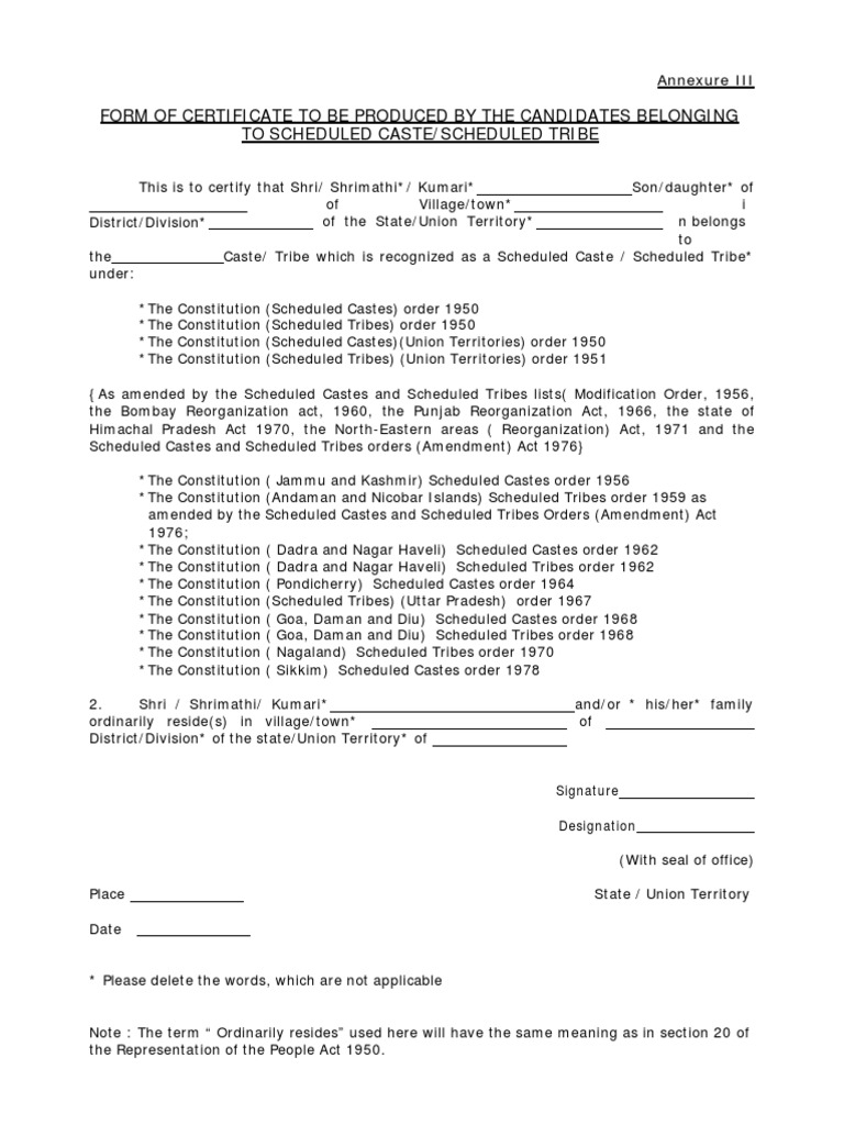 Form of Certificate To Be Produced by The Candidates Belonging To ...