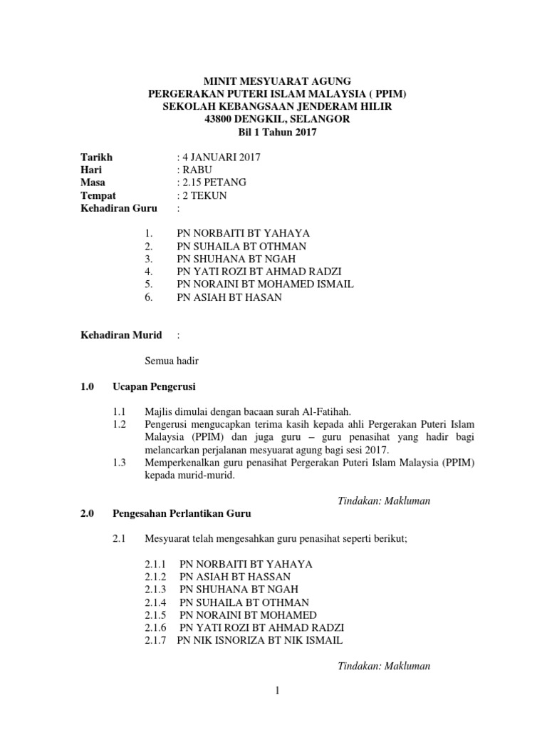 Format Minit Mesyuarat Agung - PPIM | PDF