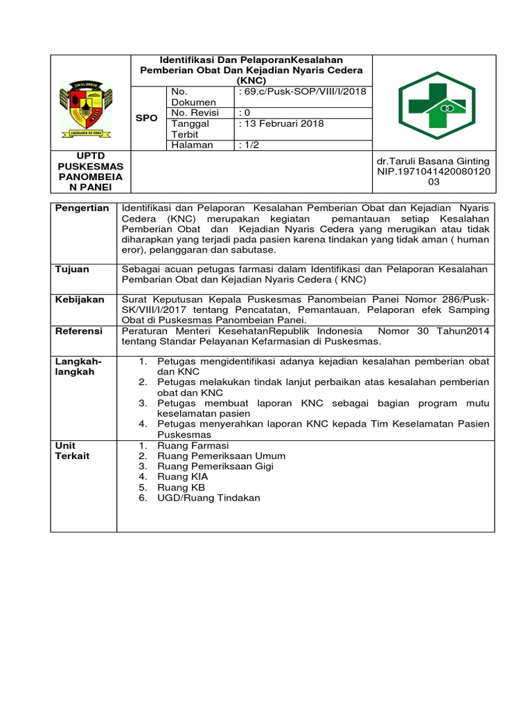 Sop Identifikasi Pelaporan Kesalahan Pemberian Obat Kejadian Nyaris Cedera PP | PDF