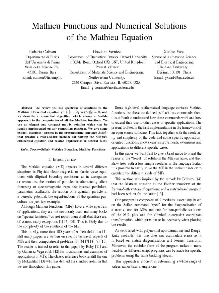 2018 R Coısson Et Al Et Al Mathieu Functions and Numerical Solutions of ...