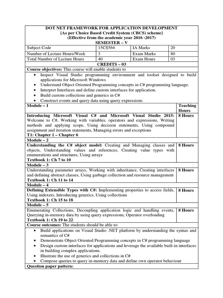 VTU Syllaus For Dot Net C# | Download Free PDF | C Sharp (Programming Language) | C (Programming ...