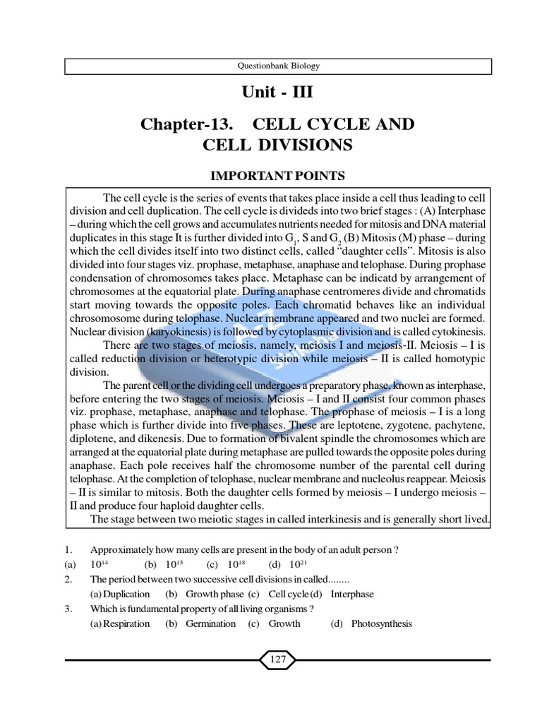 Unit - III Chapter-13. Cell Cycle and Cell Divisions: Important Points | PDF | Meiosis | Mitosis