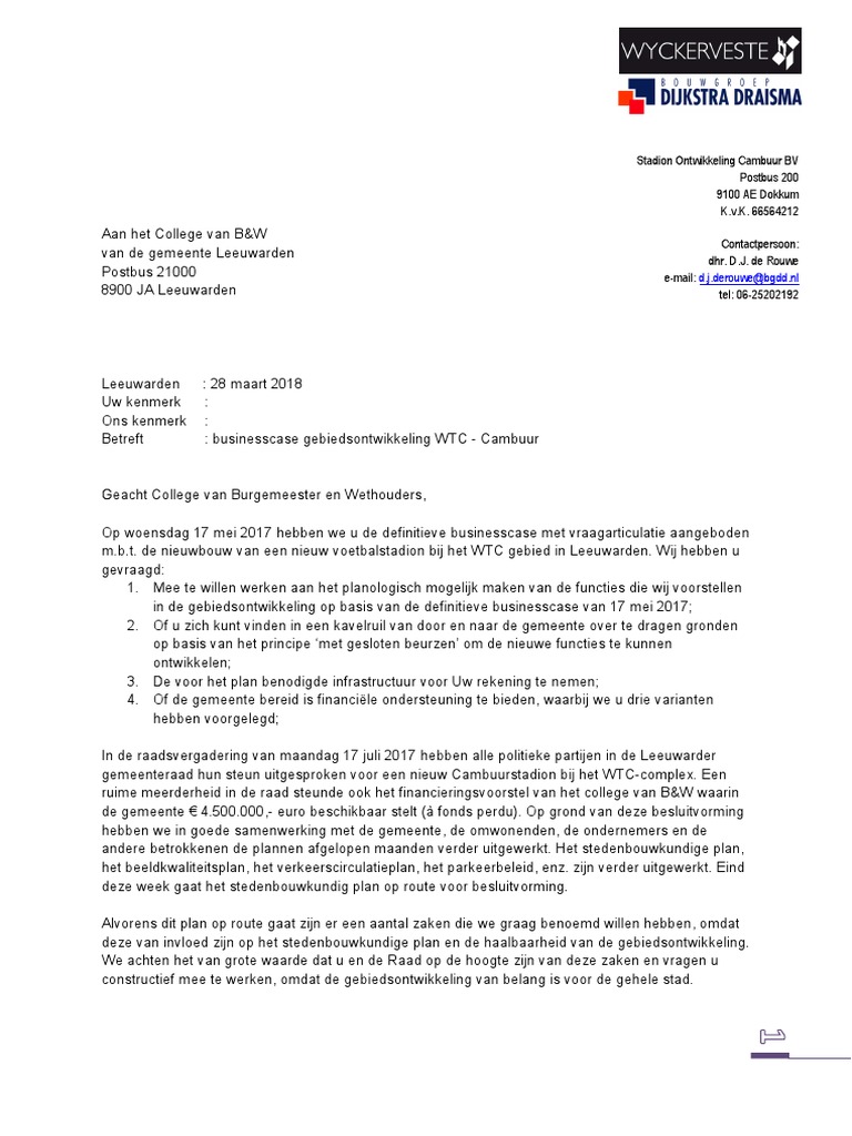 Brief Aan College B W Inzake Gebiedsontwikkeling Cambuur Dd 28 Mrt 2018