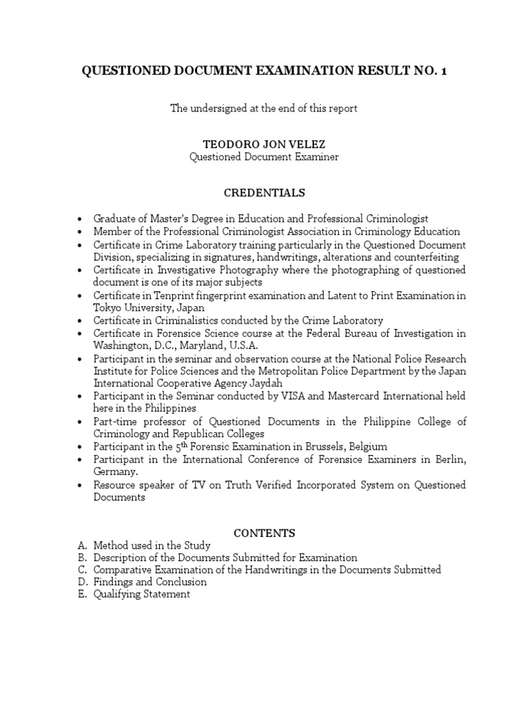 Questioned Document Examination Result No. 1: Teodoro Jon Velez | PDF | Forensic Science | Science