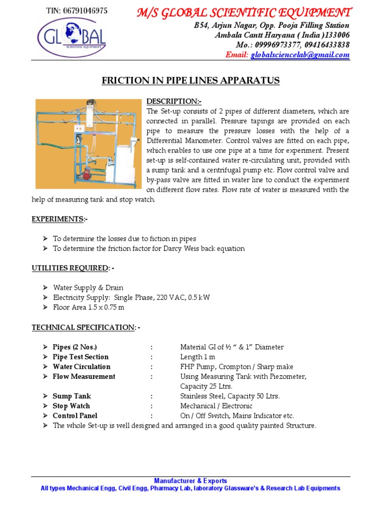 Friction in Pipe Lines Apparatus | PDF | Pipe (Fluid Conveyance) | Valve