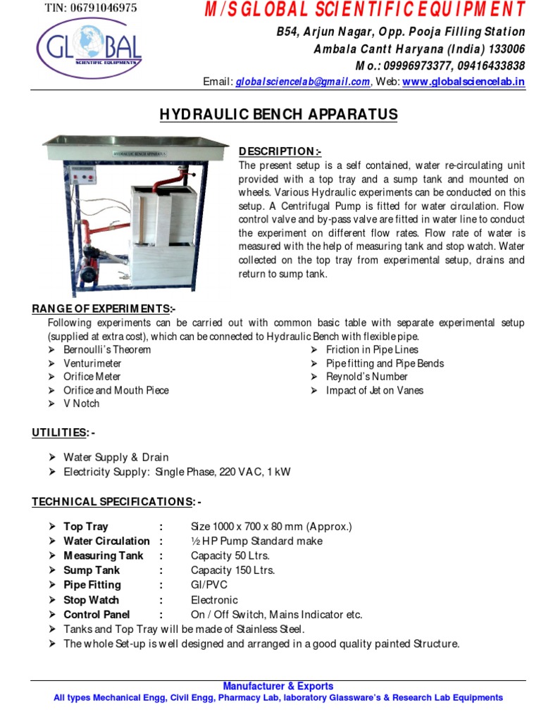 Hydraulic Bench Apparatus | PDF | Pipe (Fluid Conveyance) | Laboratories