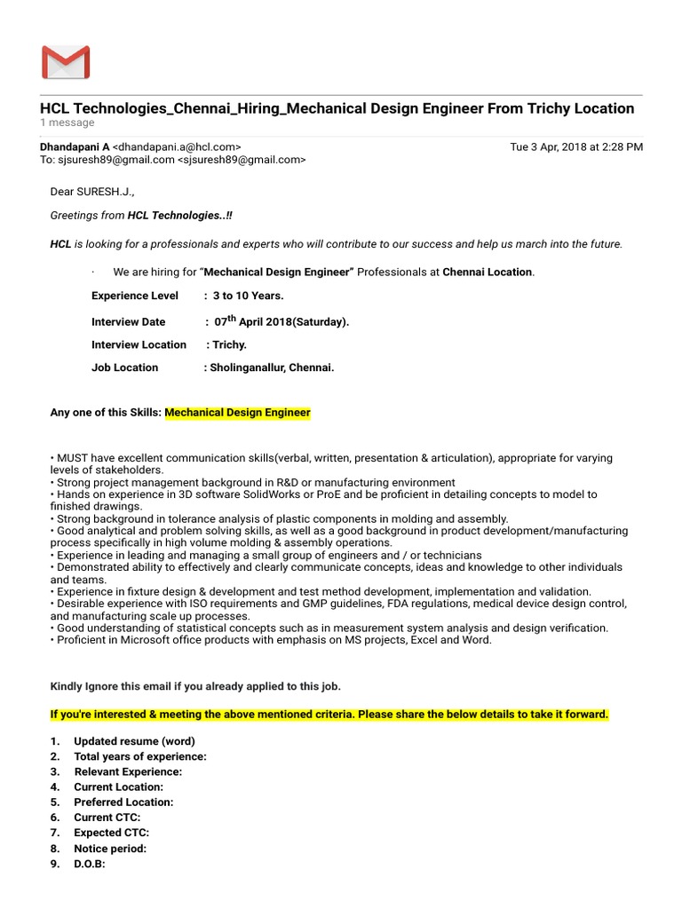 Gmail - HCL Technologies - Chennai - Hiring - Mechanical Design ...