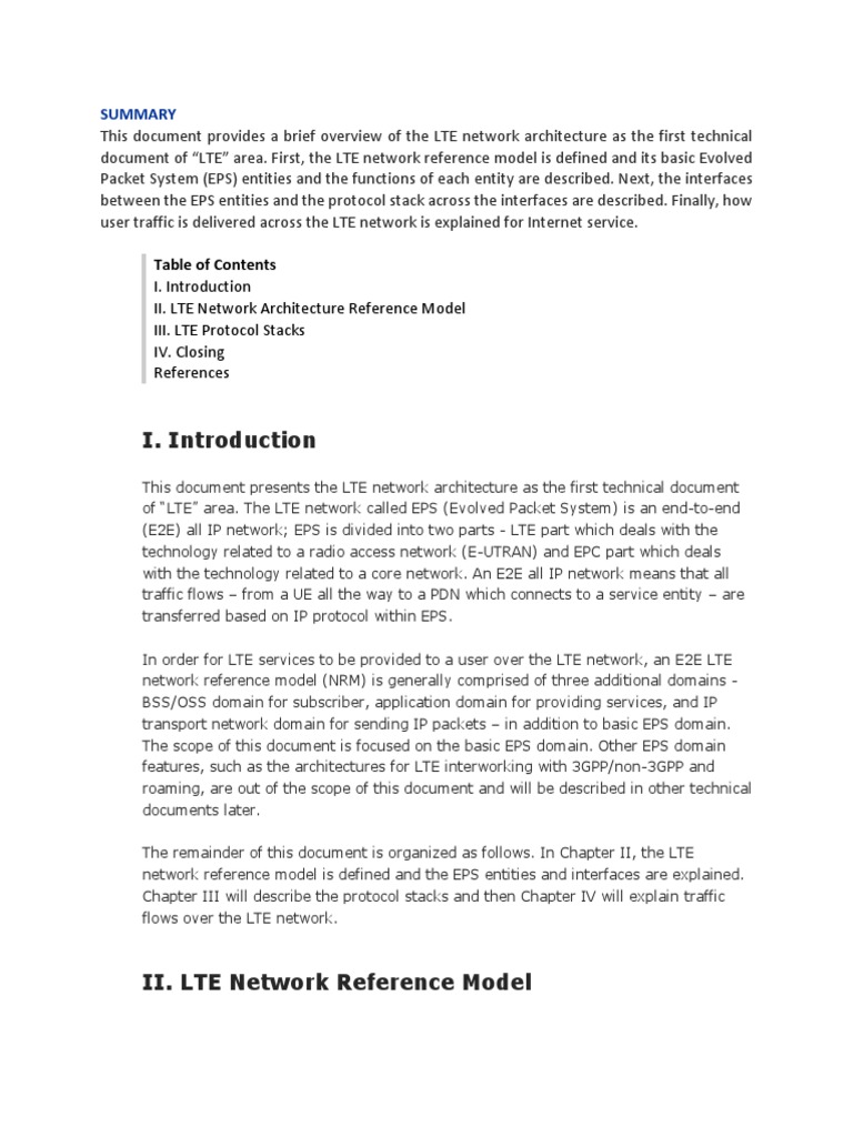 II. LTE Network Architecture Reference Model III. LTE Protocol Stacks ...