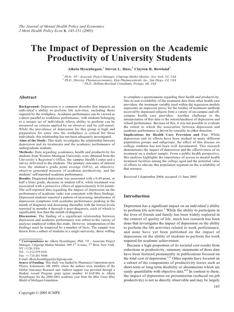 5 THE IMPACT OF DEPRESSION ON THE ACADEMIC PRODUCTIVITY OF UNIVERSITY ...