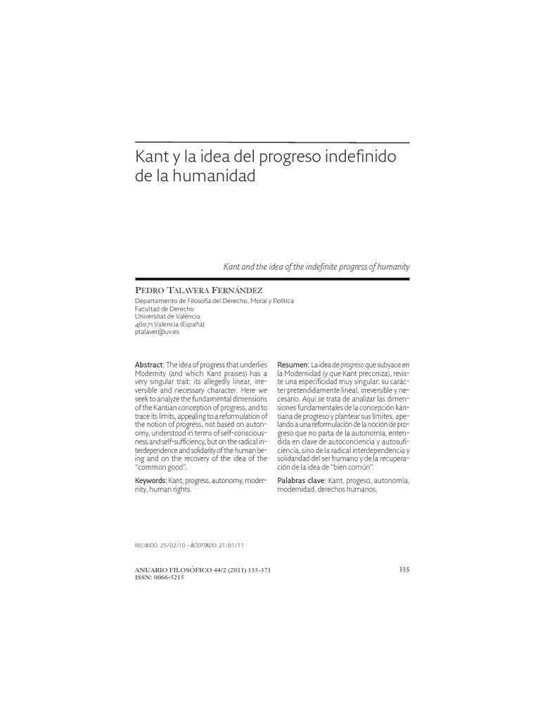 Kant y La Idea Del Progreso Indefinido - PEDRO TALAVERA FERNÁNDEZ | PDF | Immanuel Kant | Dignidad