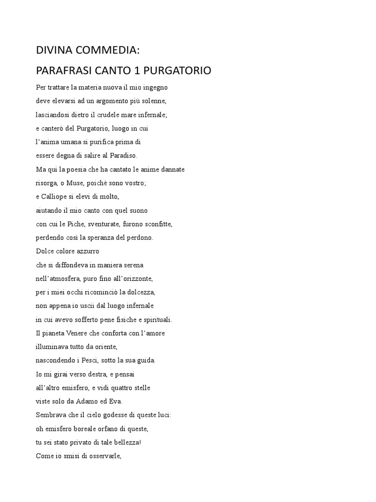 Parafrasi Canto 1 Purgatorio | PDF