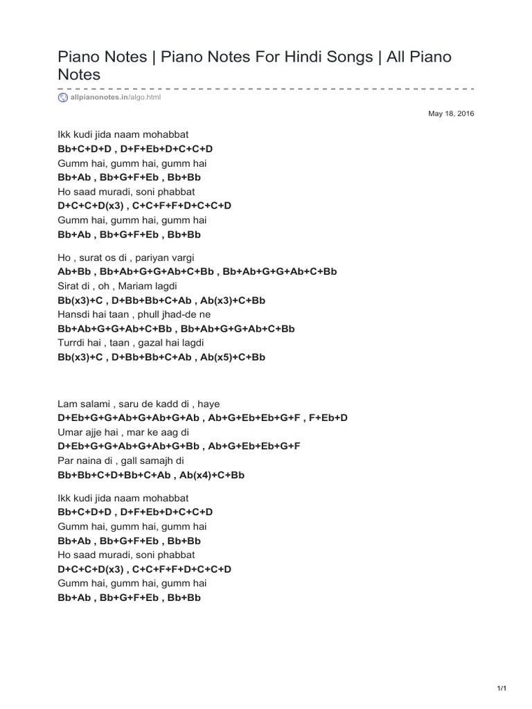 Hindi Song Piano Notes Guide | PDF