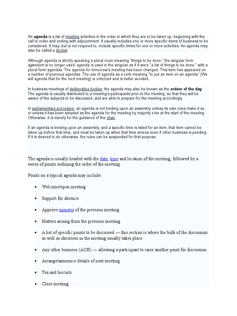 Meeting: Agendum Is No Longer Used Agenda Is Used in The Singular As If ...