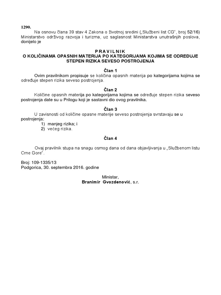 Pravilnik o Količinama Opasnih Materija Po Kategorijama Kojima Se Određuje Stepen Rizika SEVESO ...