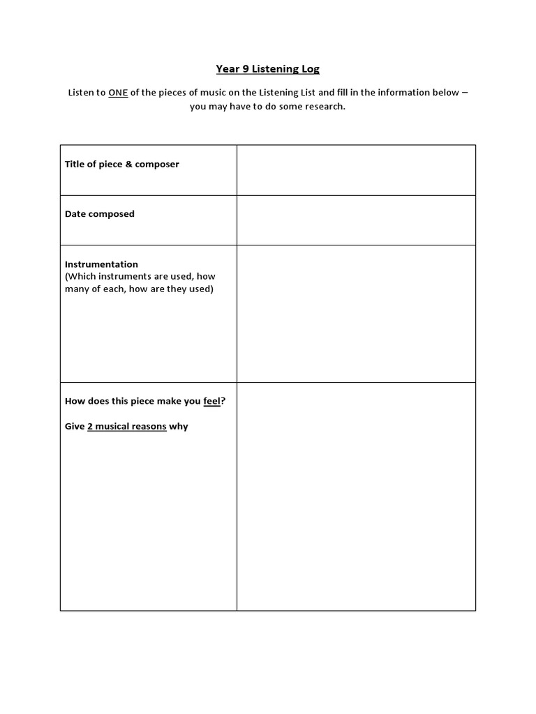 Y9 Listening Log | PDF