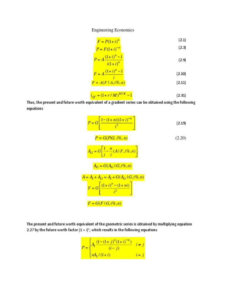 Engineering Economics Formulas Guide | PDF | Compound Interest | Interest