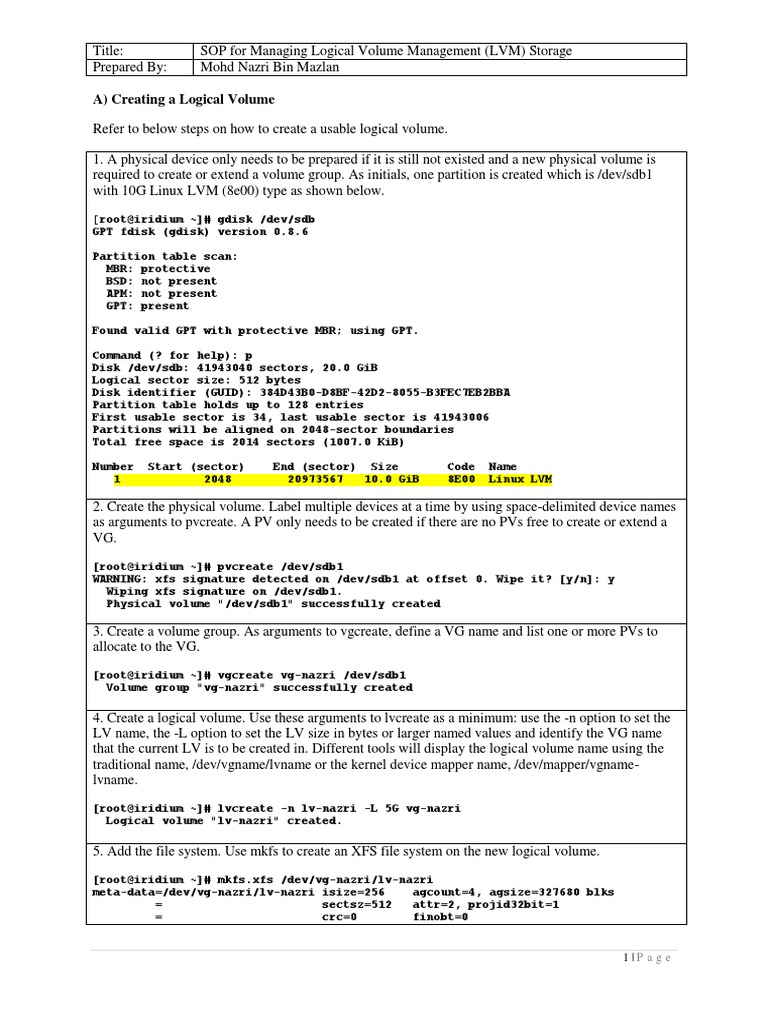 SOP For Managing Logical Volume Management (LVM) Storage | PDF | File System | Utility Software