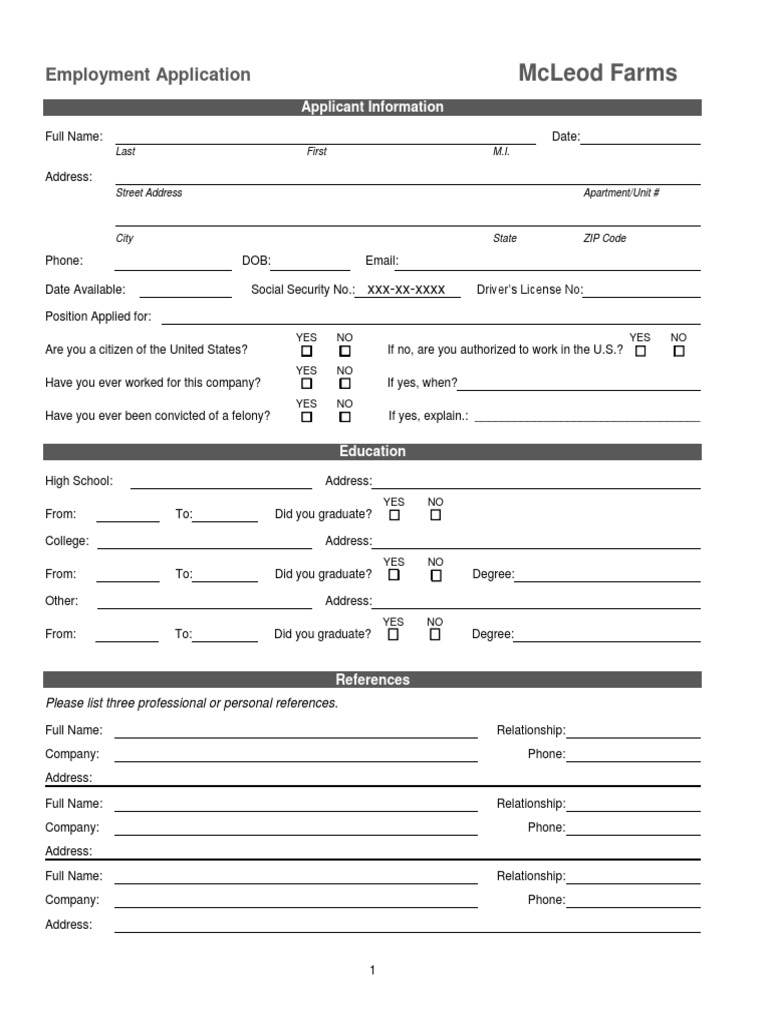 McLeod Farms Job Application | PDF | Identity Document | Government
