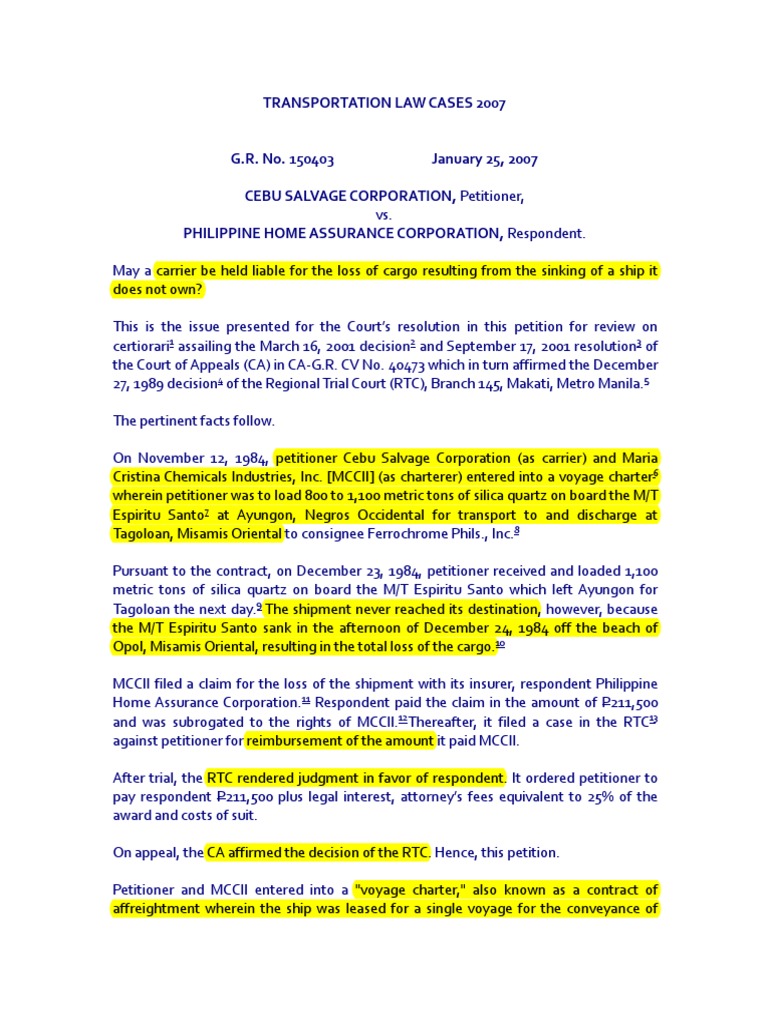 Transportation Law Cases 2007 | PDF | Bill Of Lading | Employment
