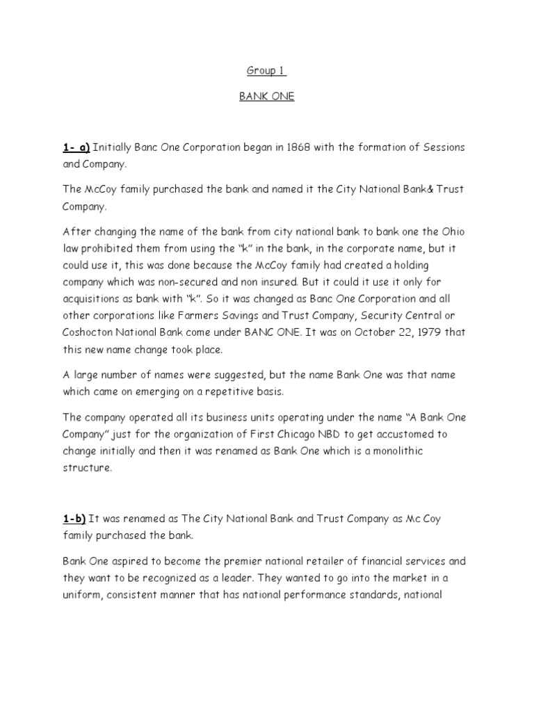 1-A) Initially Banc One Corporation Began in 1868 With The Formation of ...