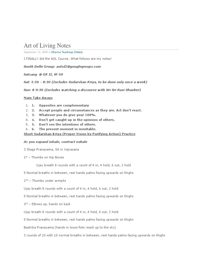 Art of Living NOTES | PDF | Meditation | Love