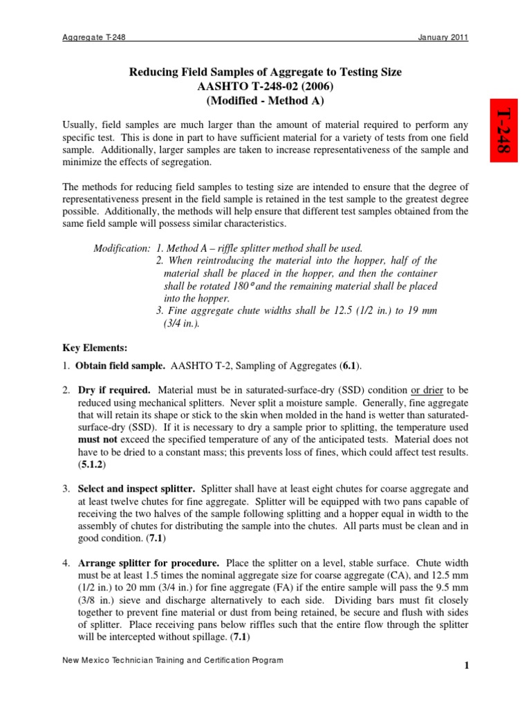 Reducing Field Samples of Aggregate To Testing Size AASHTO T-248-02 ...