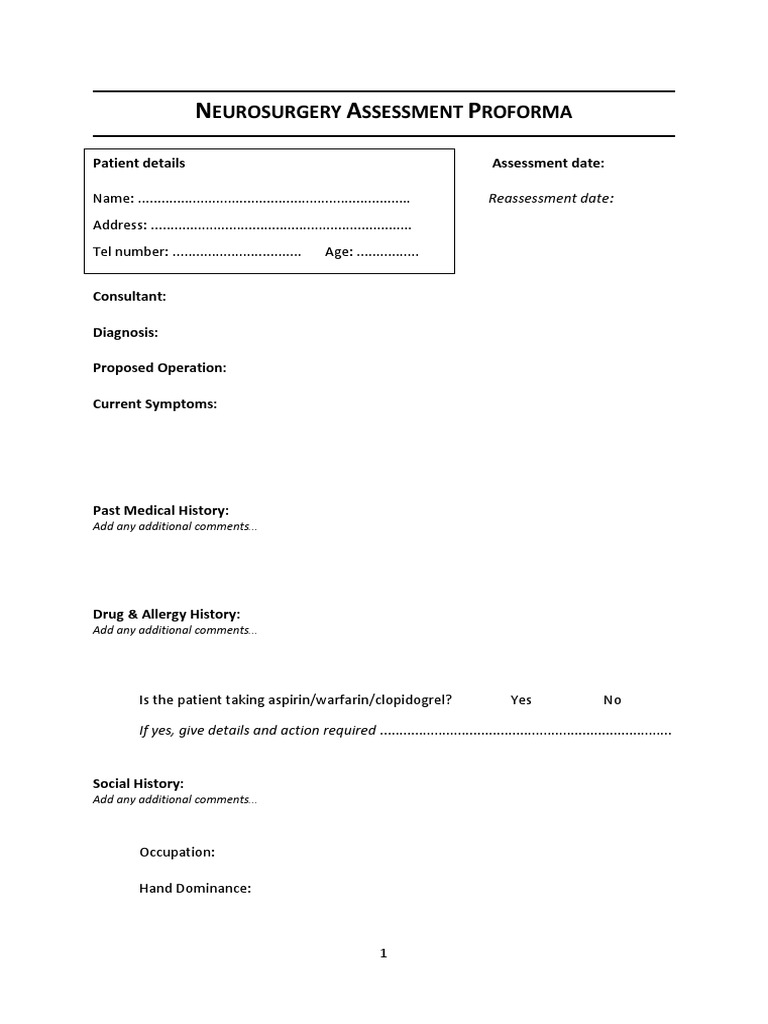 Neurosurgery Pre-Assessment Clinic Proforma Template | PDF | Anatomical ...
