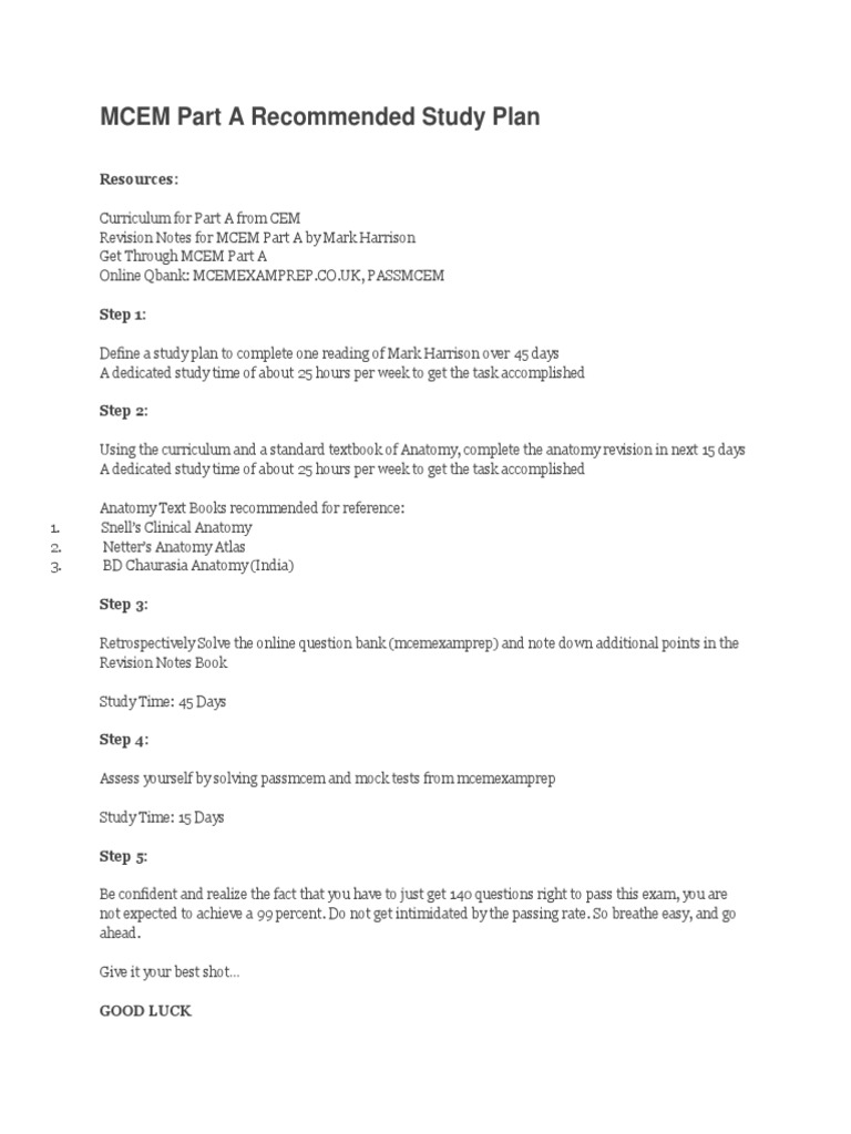 MCEM Part A Recommended Study Plan | PDF