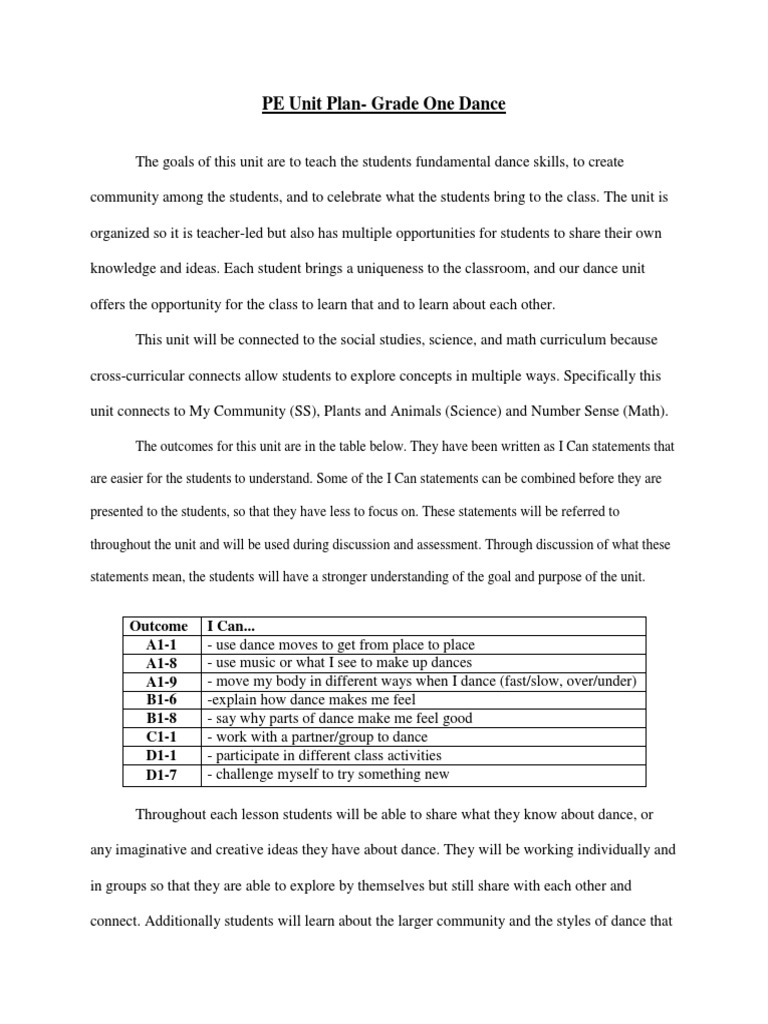 Grade 1 Pe Unit Plan | PDF | Educational Assessment | Teachers