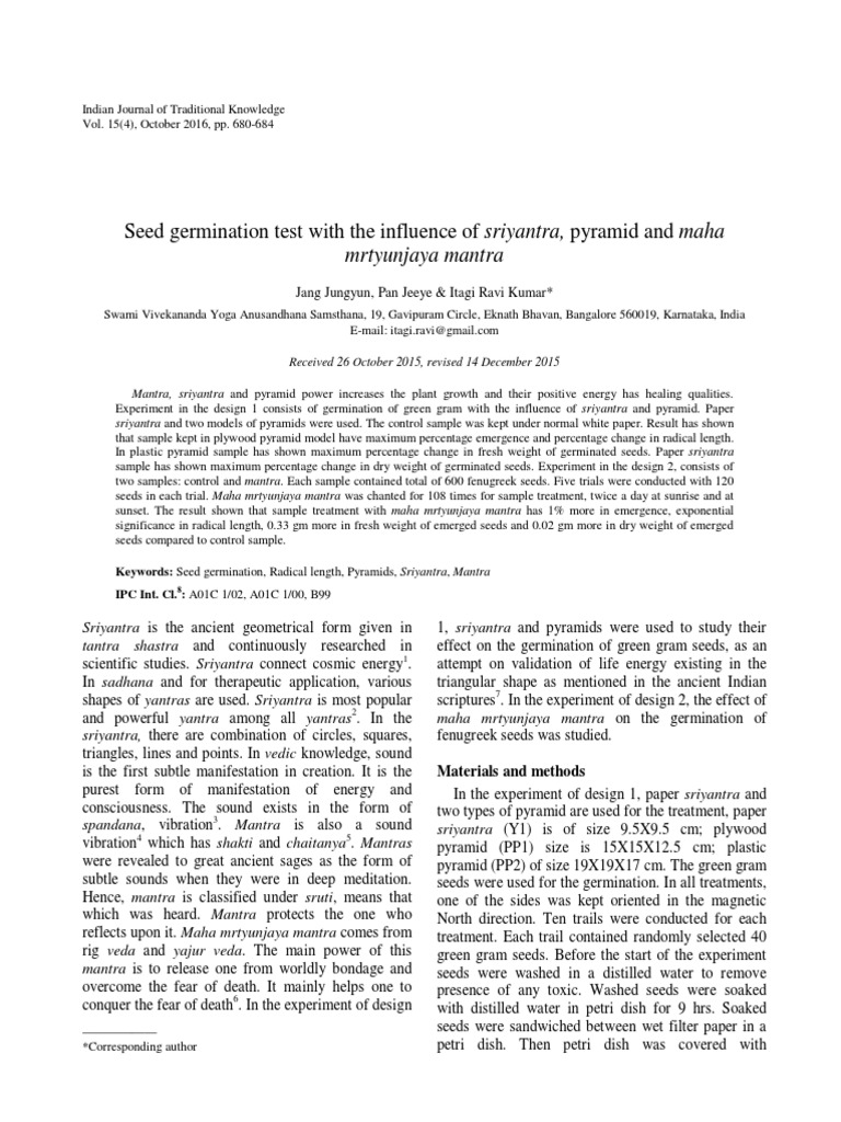 Seed Germination Test With The Influence of Sriyantra, Pyramid and Maha ...