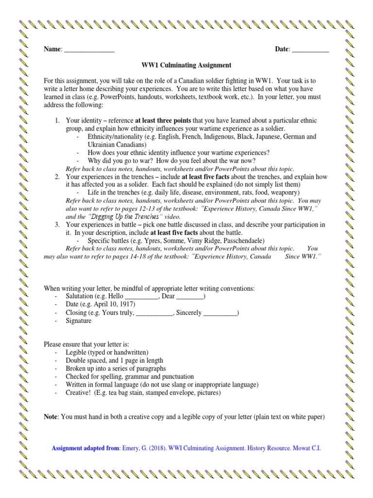 ww1 Culminating Assignment | PDF | Trench Warfare | World War I
