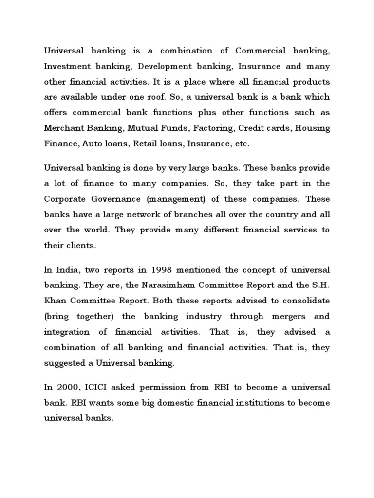 Universal Banking Is A Combination of Commercial Banking | PDF | Banks ...