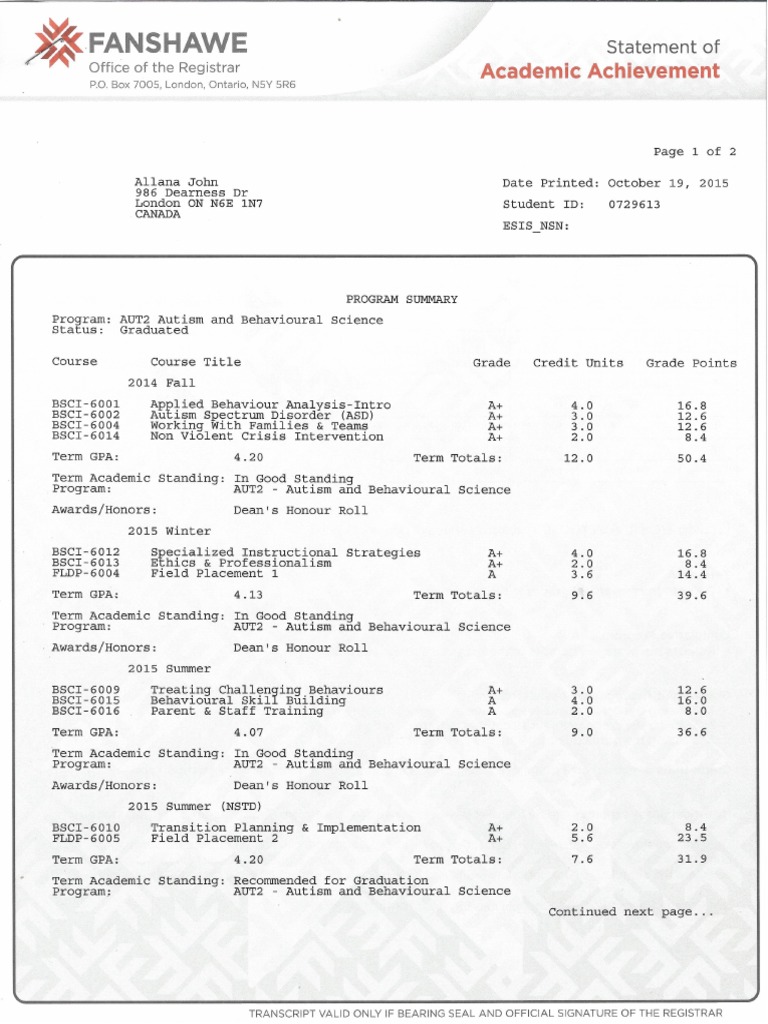 Fanshawe Transcript | PDF