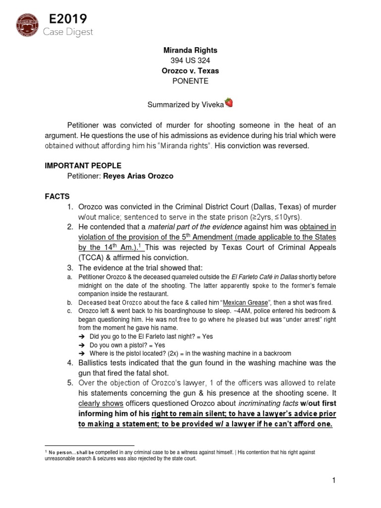 Orozco v. Texas | Miranda Warning | Legal Disputes | Free 30-day Trial ...