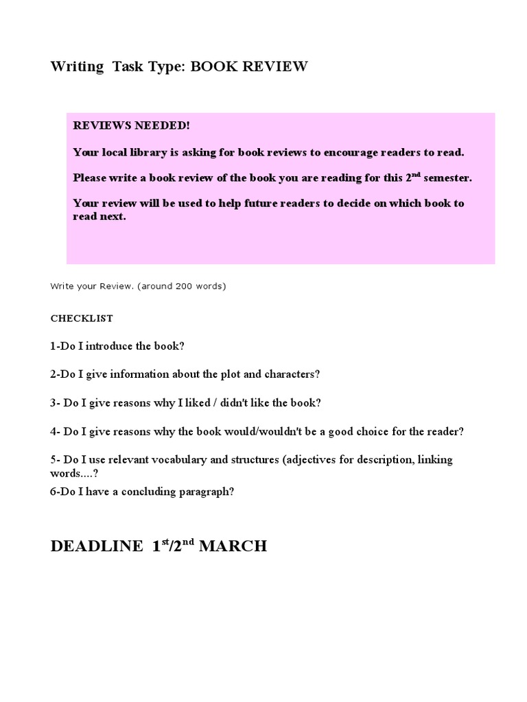 Writing Task Type: BOOK REVIEW: Deadline 1 /2 March | PDF Writing Task Type: BOOK REVIEW: Deadline 1 /2 March | PDF