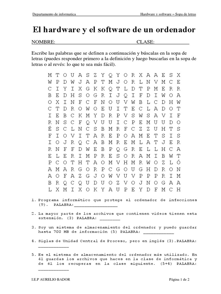 Sopa de Letras - El Hardware y El Software de Un Ordenador Con ...