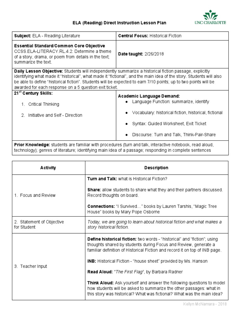 Historical Fiction Lesson Plan for ELA | PDF | Metacognition | Lesson Plan