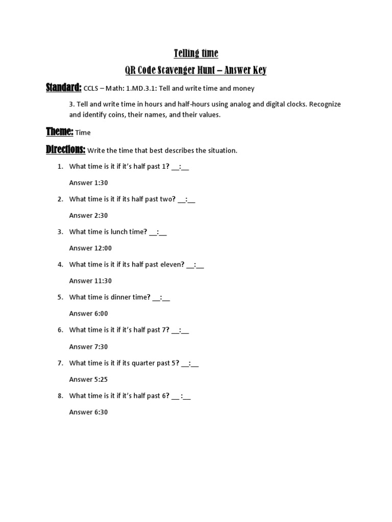 Telling Time QR Code Scavenger Hunt - Answer Key Standard | PDF