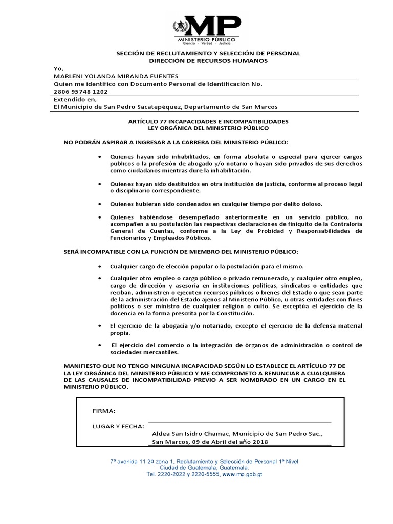Declaración Articulo 77 Ley Organica MP | PDF | Gestión de recursos ...