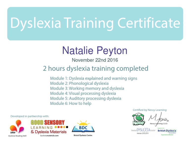 Dyslexia Training Completion Certificate | PDF | Science & Mathematics