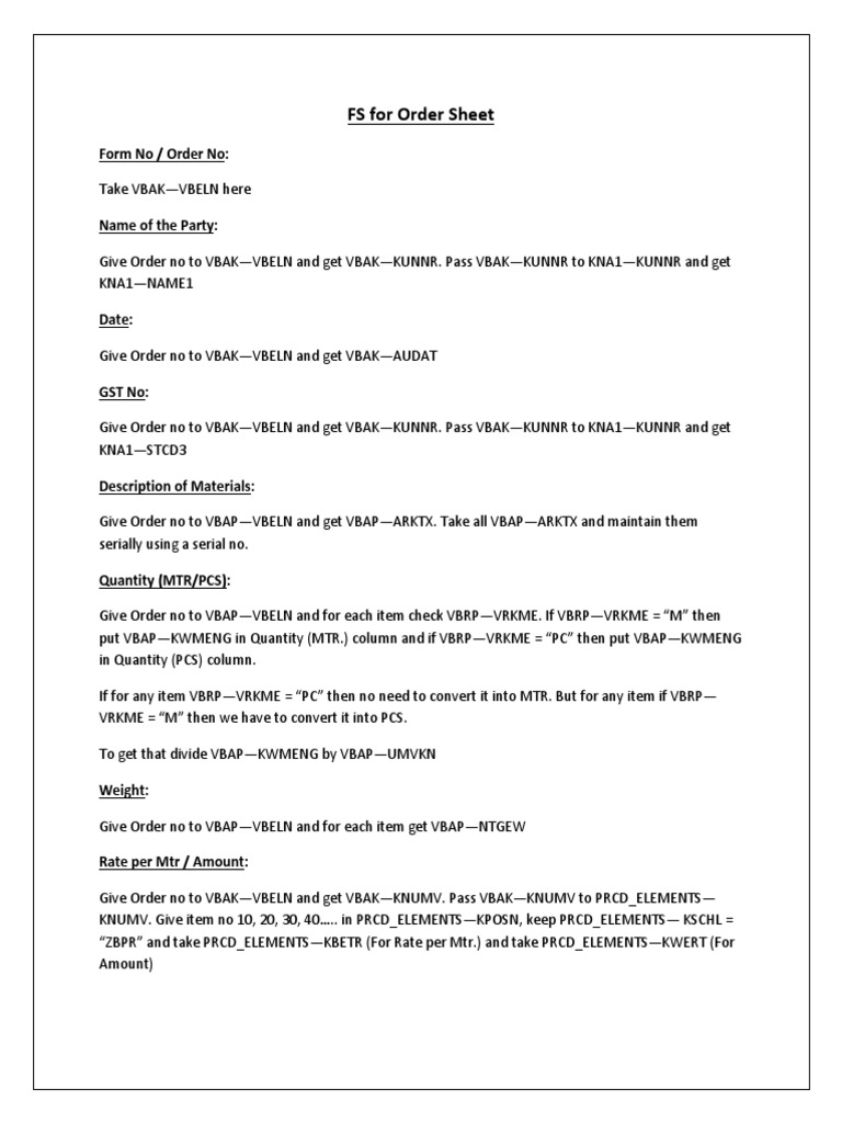 FS For Order Sheet | PDF