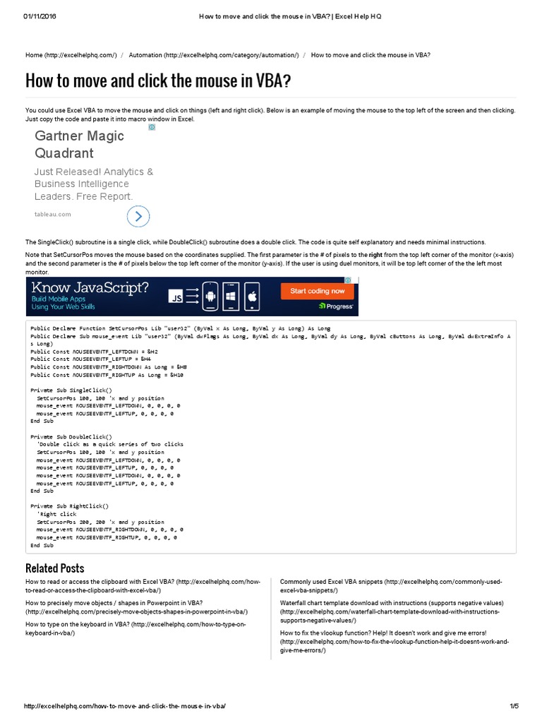 How To Move And Click The Mouse In Vba Excel Help Hq Pdf Visual Basic For Applications