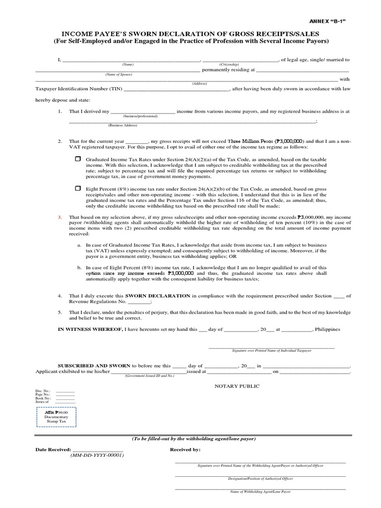 Annex B-1 RR 11-2018 Sworn Statement of Declaration of Gross Sales and ...