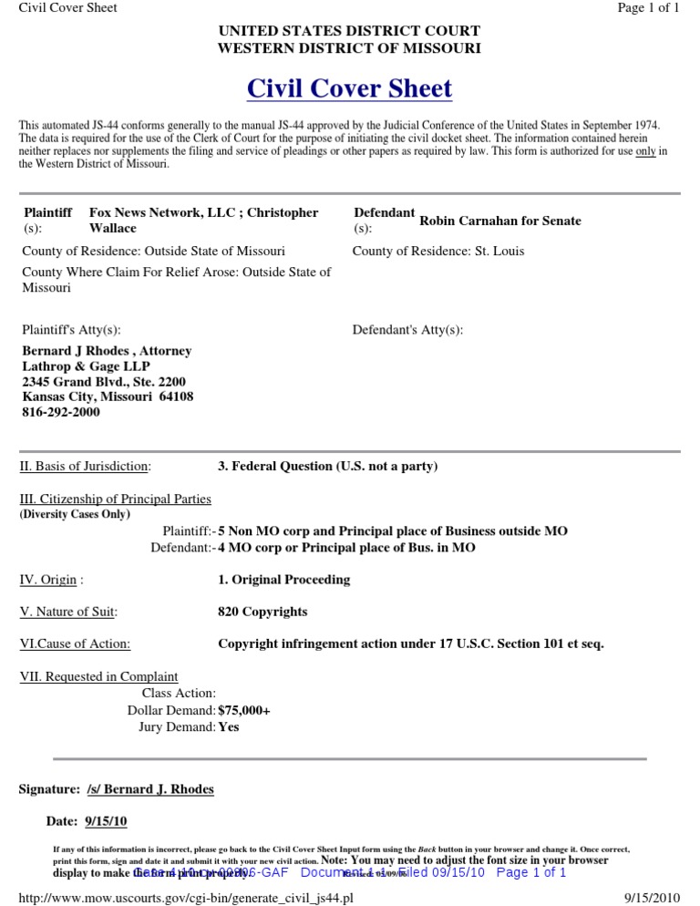 Civil Cover Sheet: United States District Court Western District of ...