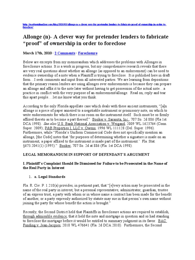 Allonge Re Proof of Ownership | Foreclosure | Promissory Note