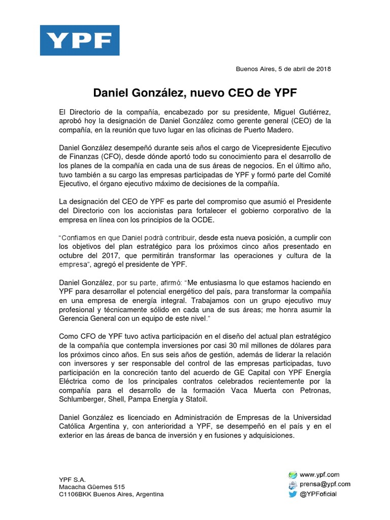 Designación Del Nuevo CEO de YPF | PDF | Economias | Business