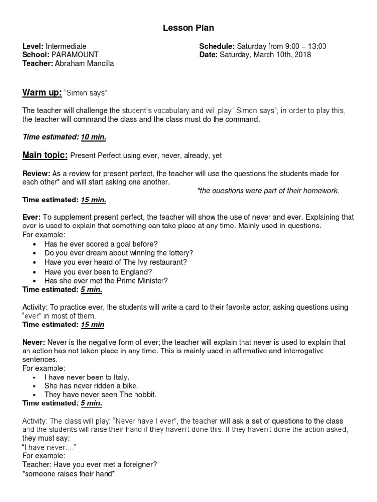 Lesson Plan Present Perfect Ever Never | PDF | Teachers | Leisure
