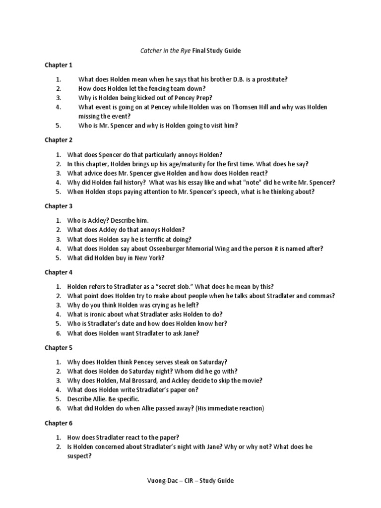 Catcher in the Rye Study Guide Questions | PDF